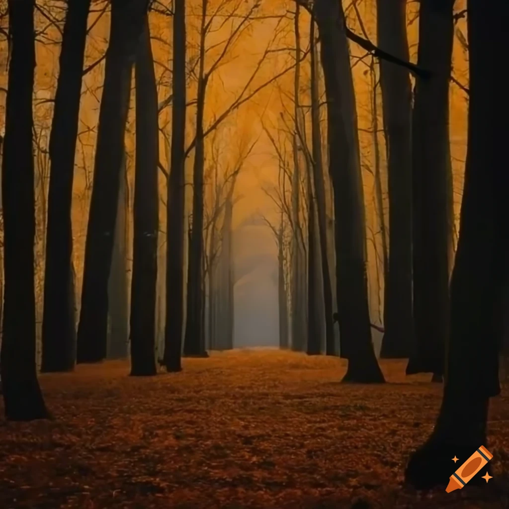 Eery autumn forest at night with faint face in the distance on Craiyon