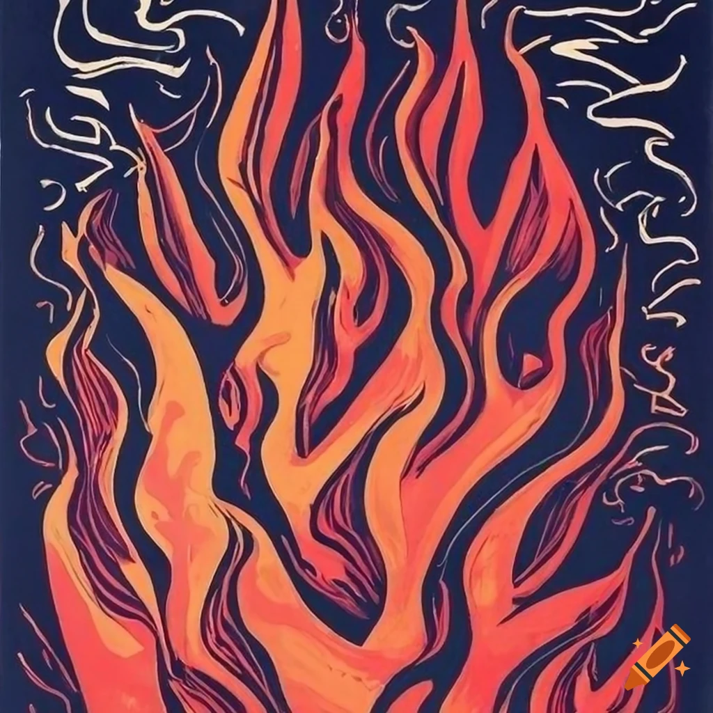 Abstract high contrast linocut of distinctive monochromatic flames on ...
