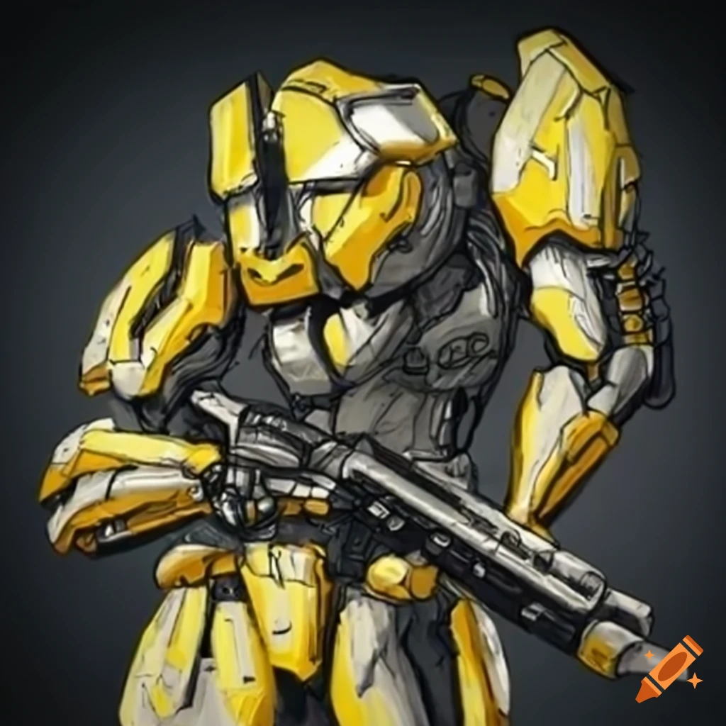 Futuristic yellow and grey humanoid mecha with intricate electronic ...