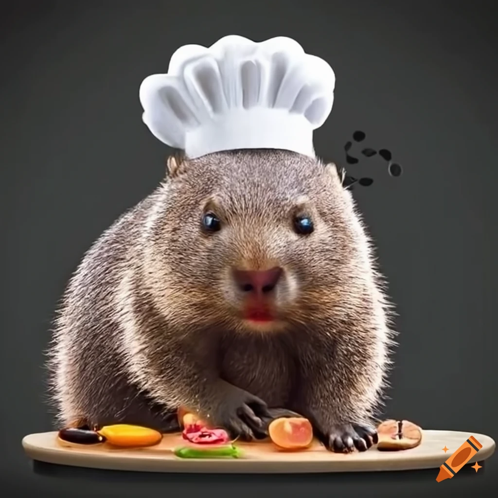 Wombat wearing a chef's hat cooking in the kitchen on Craiyon