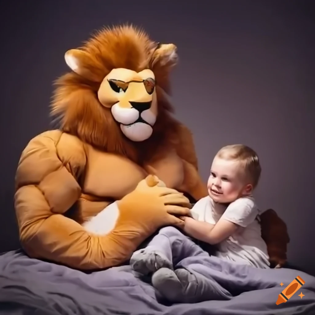 Father in lion fursuit sleeping on bed with kids on Craiyon