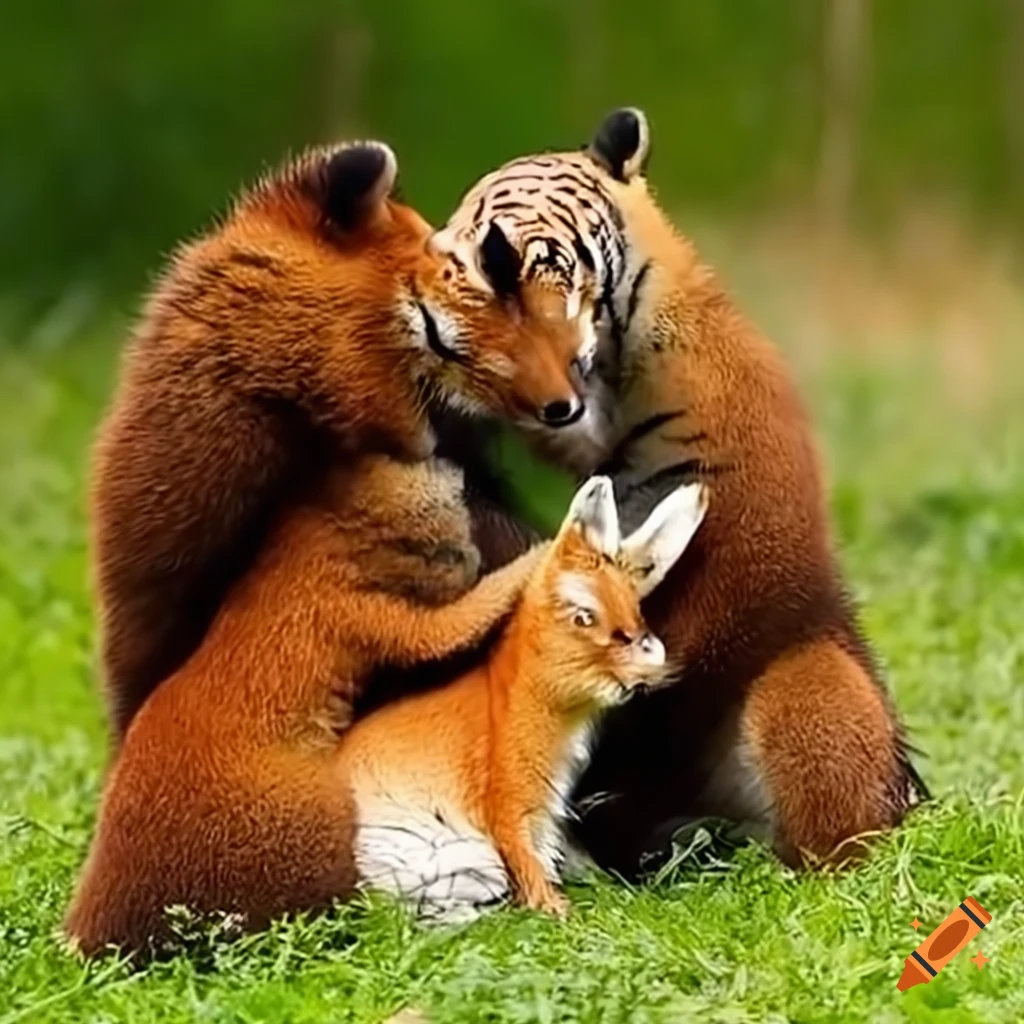 Bear, tiger, squirrel, and fox cuddling together on Craiyon
