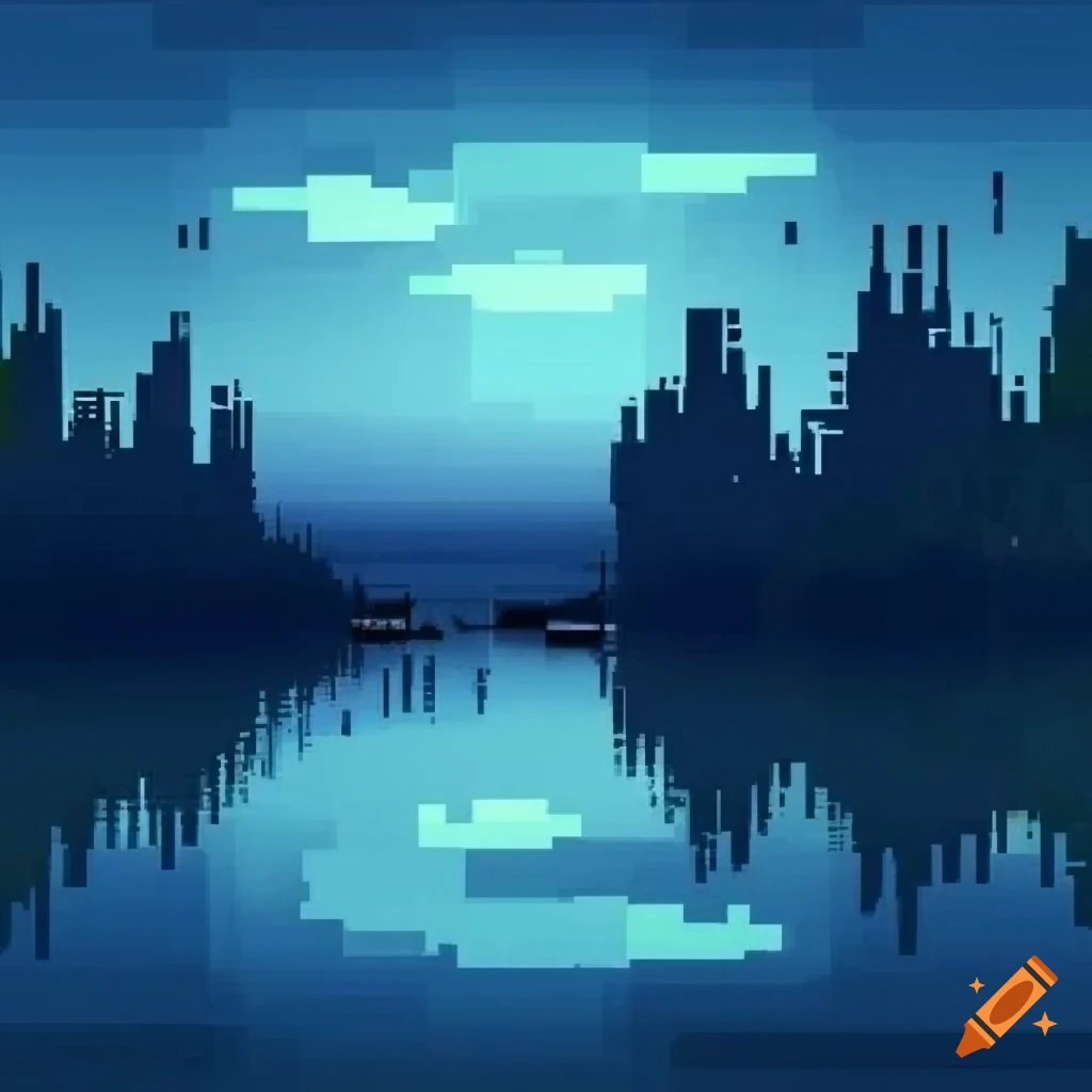 Pixelated landscape with mountains and lake in 2400x1800 resolution on ...