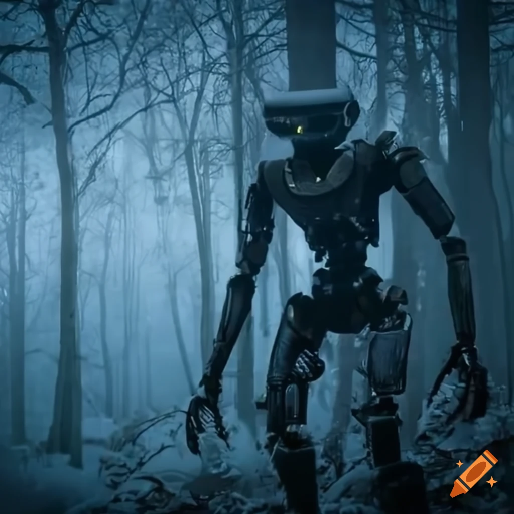 Alien robot walking through a hazy winter forest in a high-tech scene ...