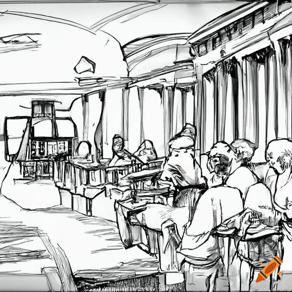 Black and white drawing of a town council meeting on Craiyon