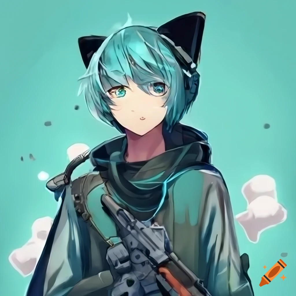 Anime character with cyan cat features and sniper attire holding AWP ...