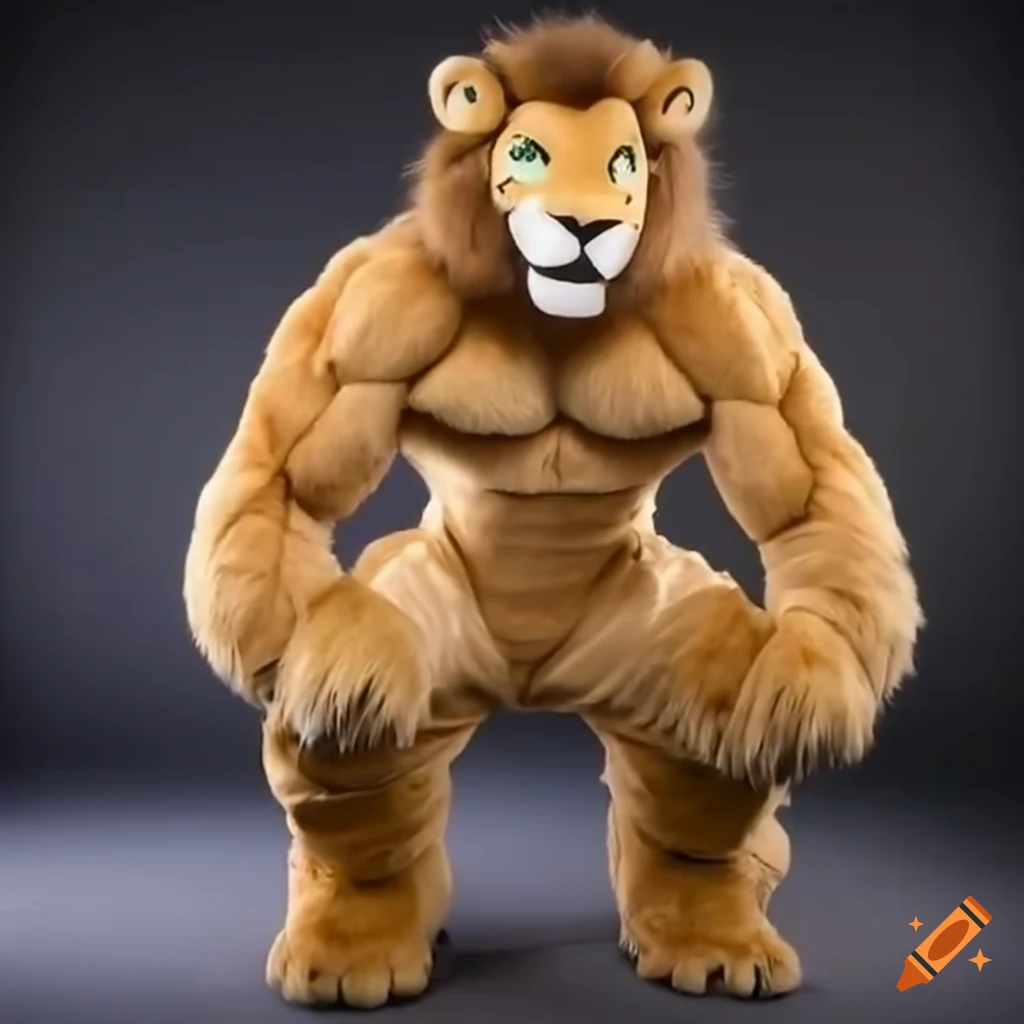 Man in muscular lion fursuit performing push ups on Craiyon