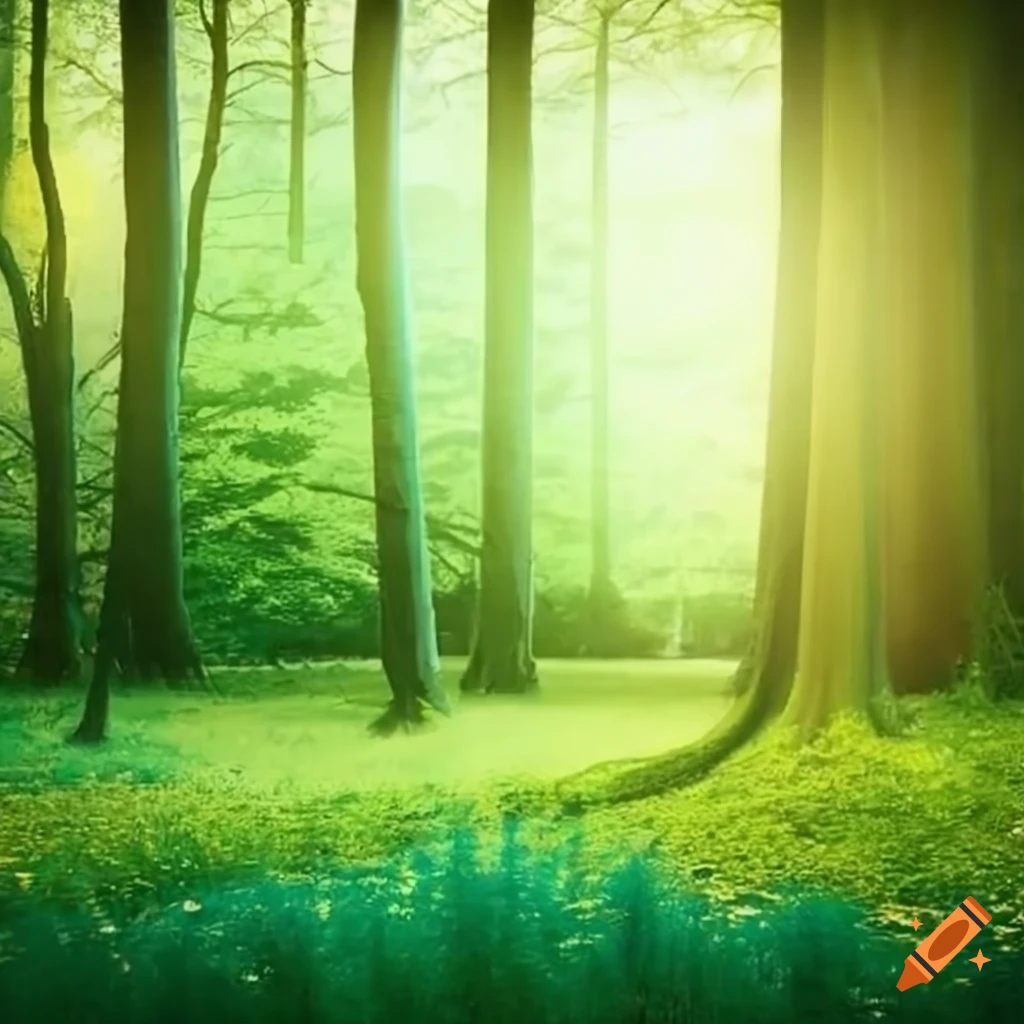 Bright forest with diverse trees and field of herbs on Craiyon