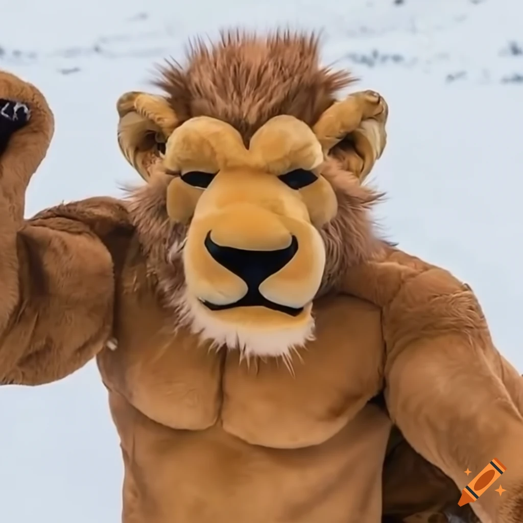 Dad wearing a lion fursuit costume in the snow on Craiyon