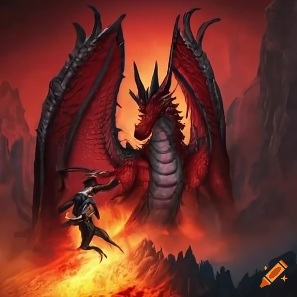 Human battling a red dragon on a mountain peak on Craiyon