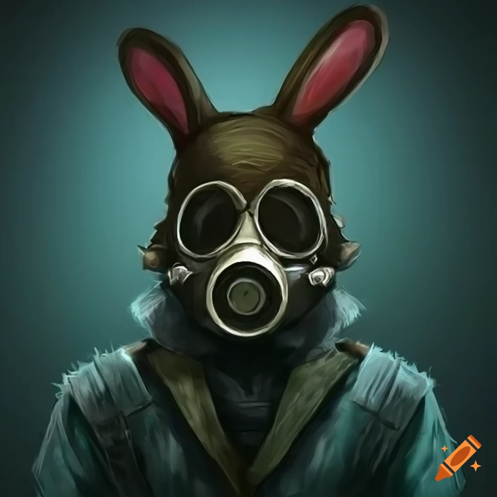Concept art of a rabbit wearing a gas mask on Craiyon