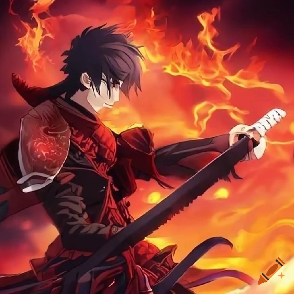 Japanese anime swordsman wielding fire on Craiyon