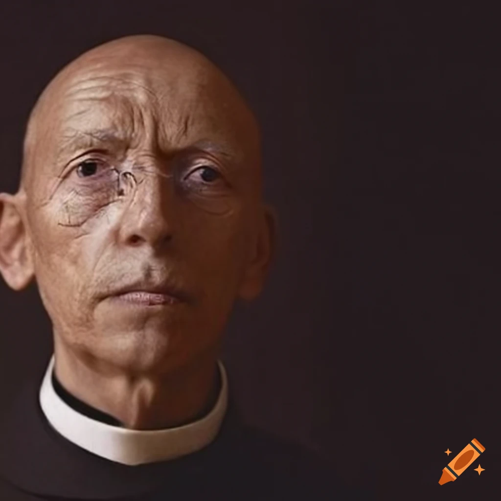 Color photograph of a priest's face with an expressionless look on Craiyon