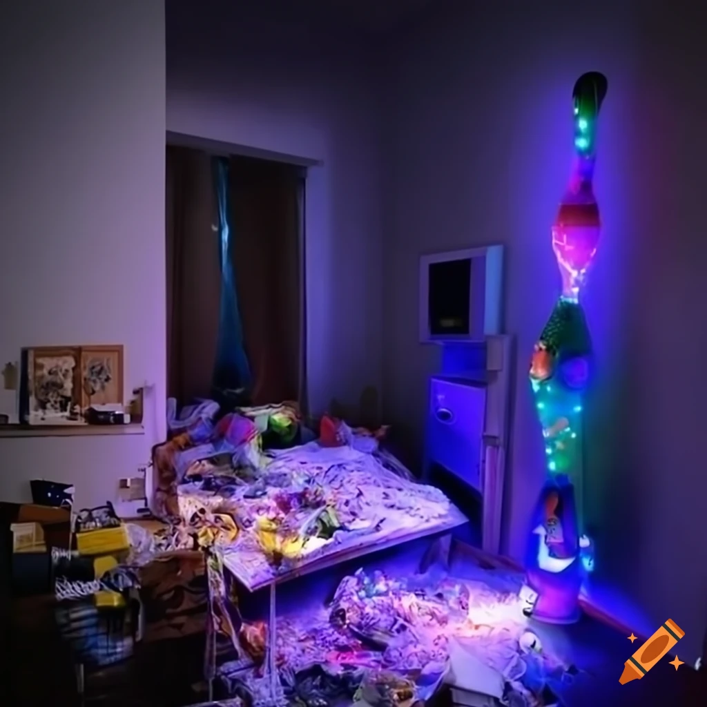 Artsy messy bedroom at night with lava lamps, pillows, and tapestries ...