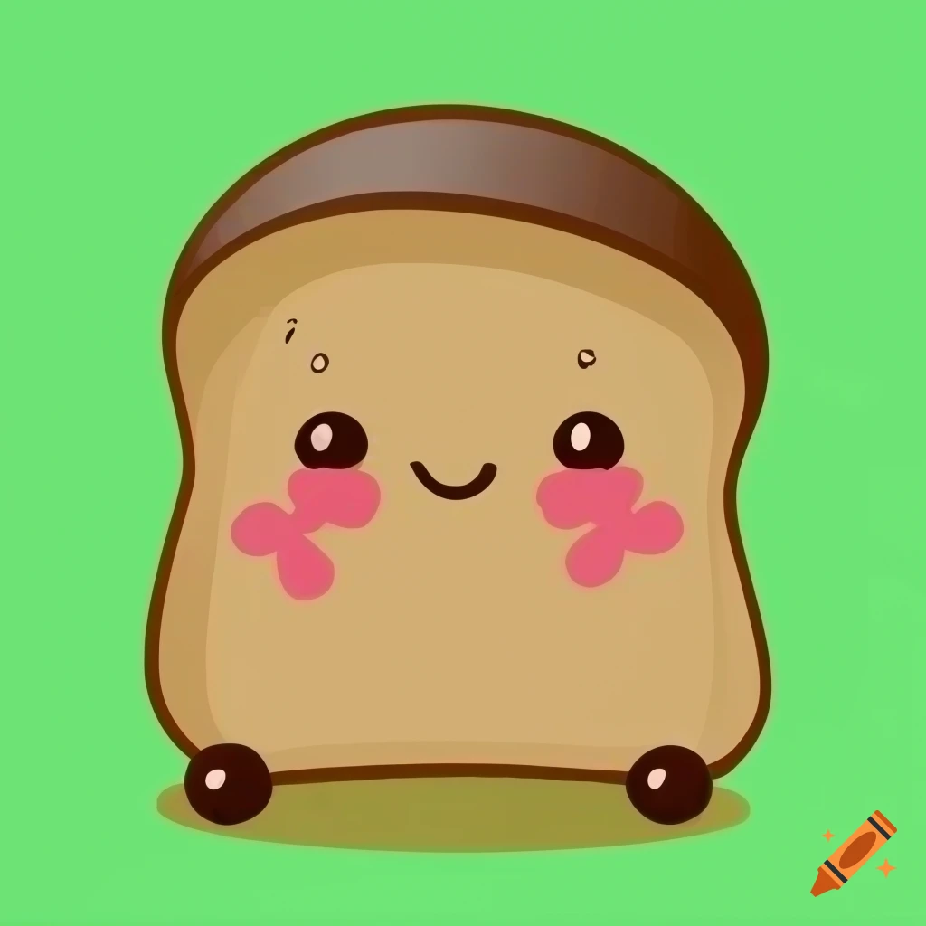 Cute piece of bread with a cute face on a bright green background on ...