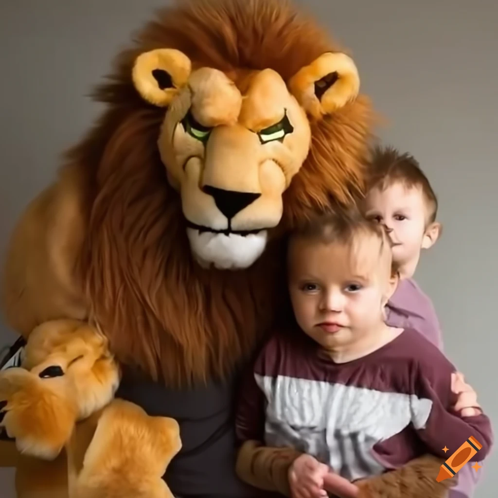 Father wearing realistic muscular lion mascot fursuit playing with his ...