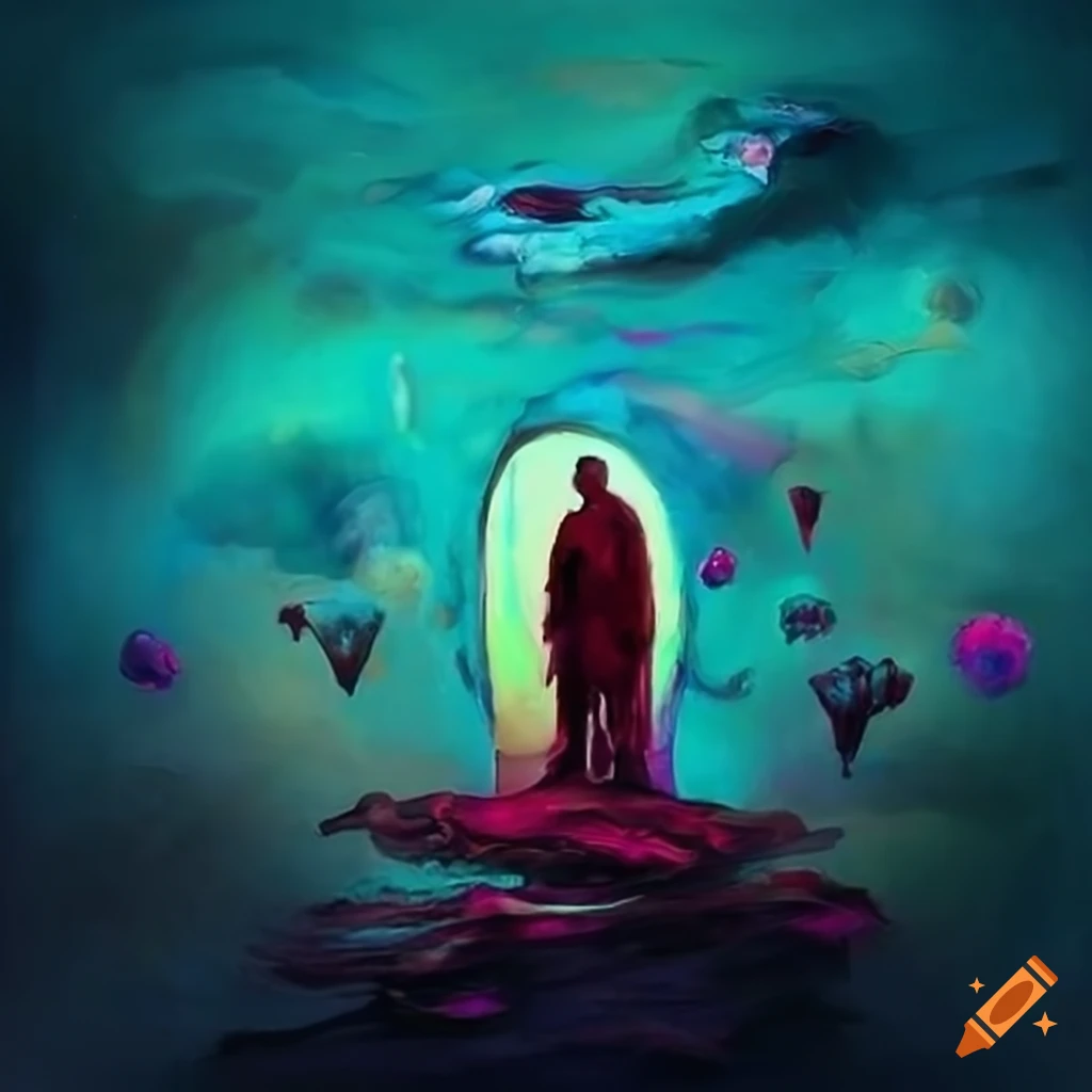 Surrealistic painting of a fantastical dreamscape with vibrant colors ...