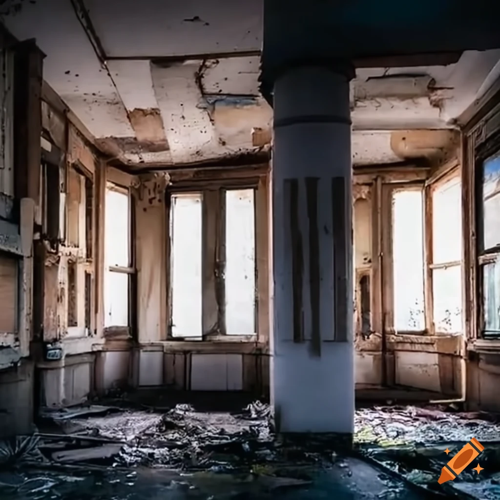 Interior of abandoned building with fire on Craiyon