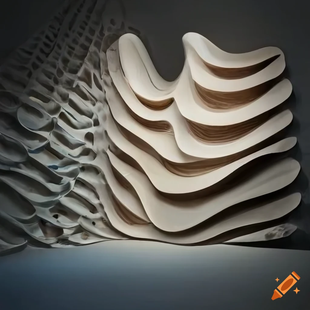 Sculpture of a fossil impression embedded in a transparent biomorphic ...