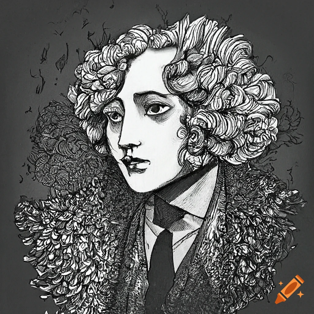 Portrait of pushkin in black and white ink drawing style on Craiyon