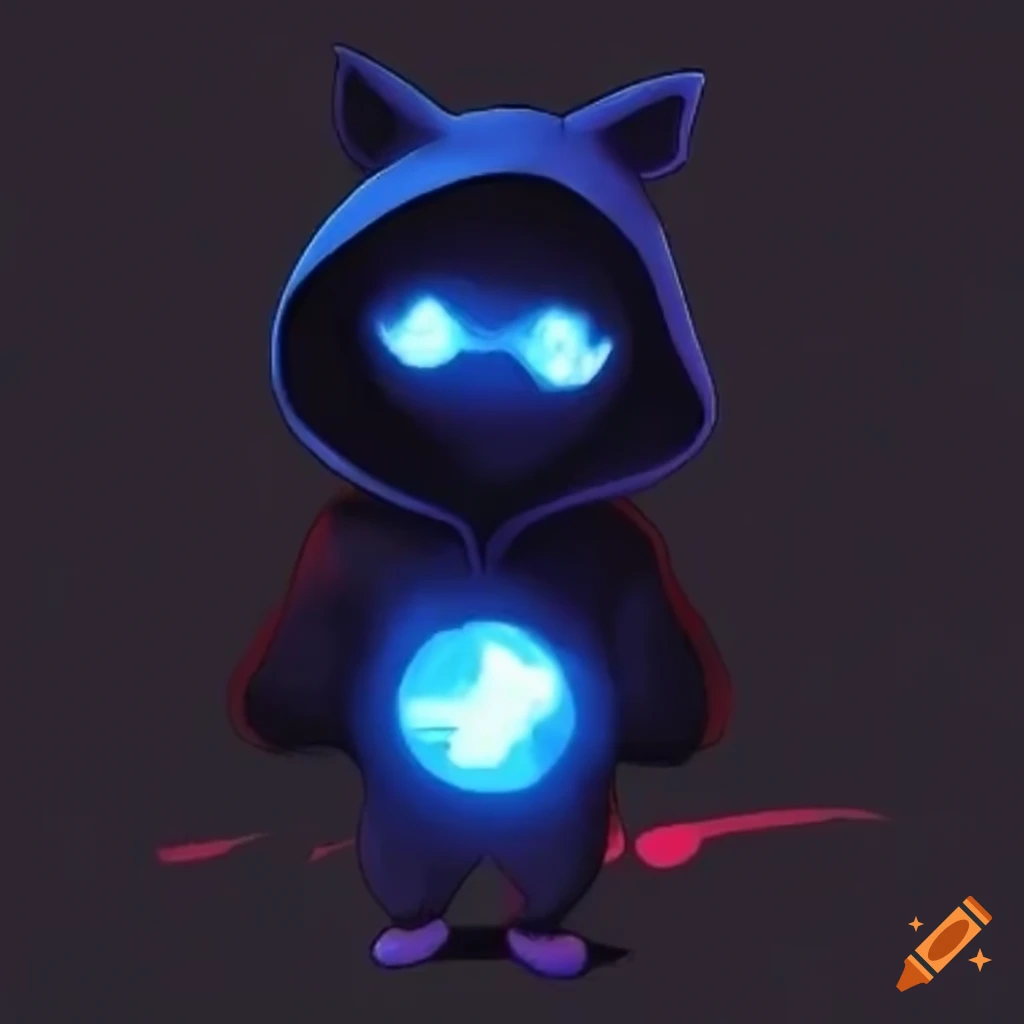 Shadow pokemon with glowing eyes wearing a hood on Craiyon