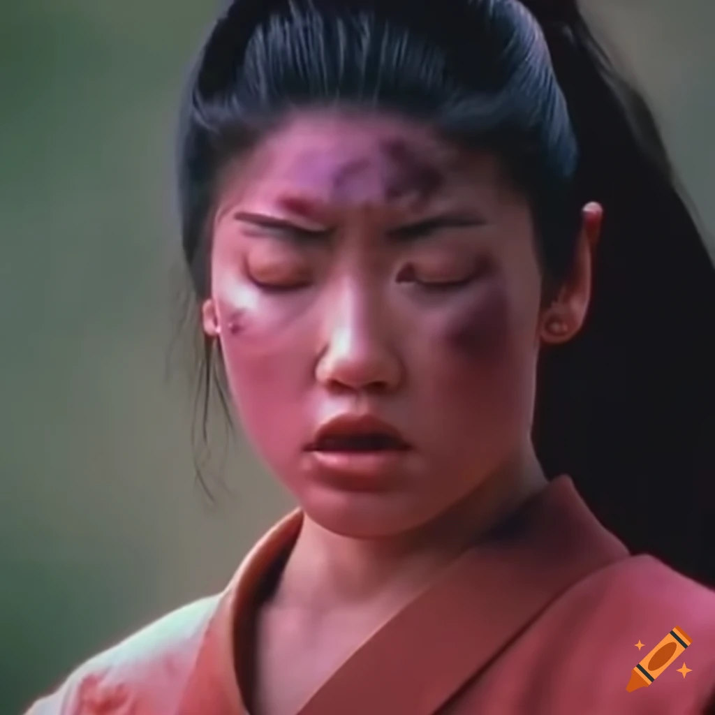 Bruised Asian American Female Martial Arts Fighter With Closed Eyes In