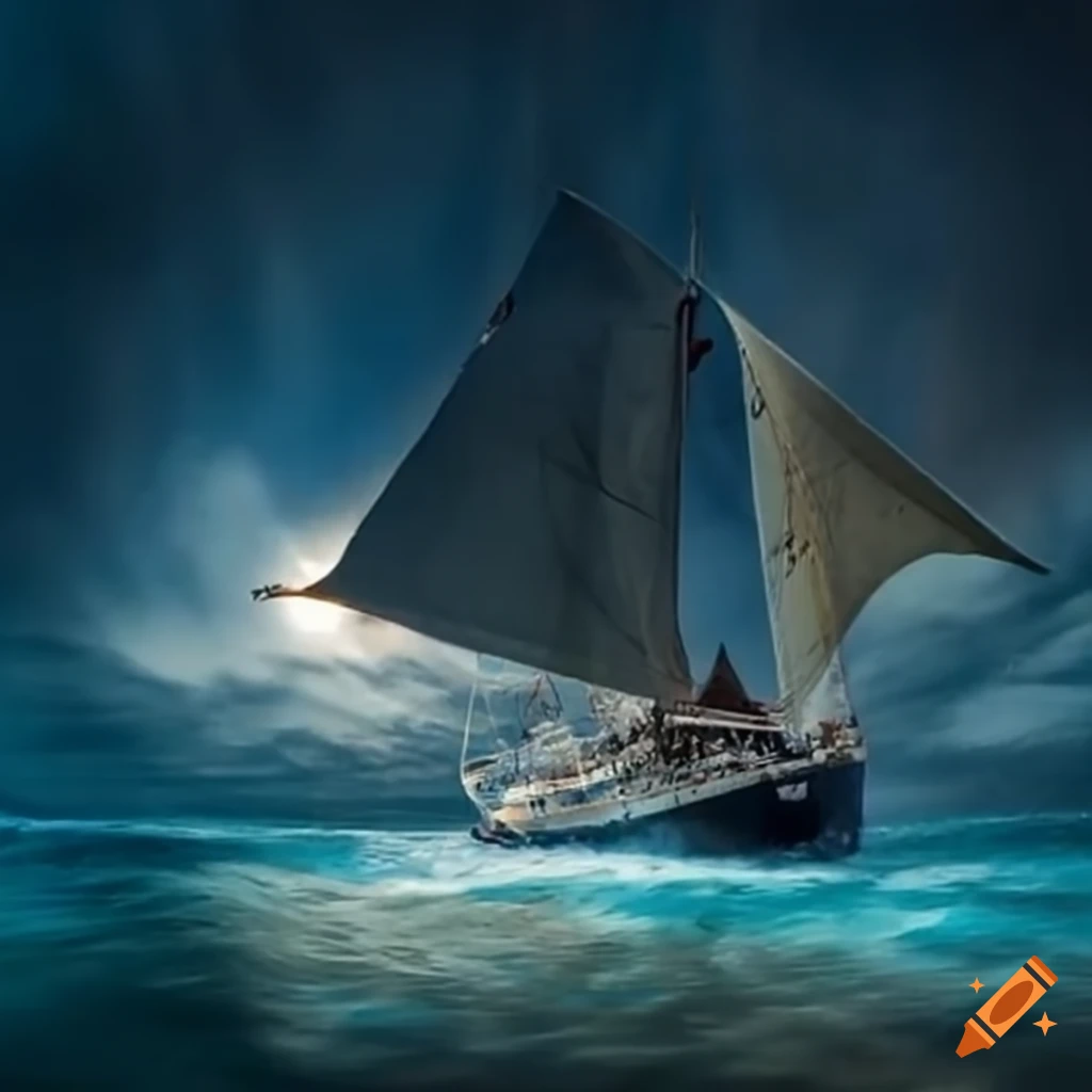 Noah's ark sailing on the ocean with a flying angel above on Craiyon