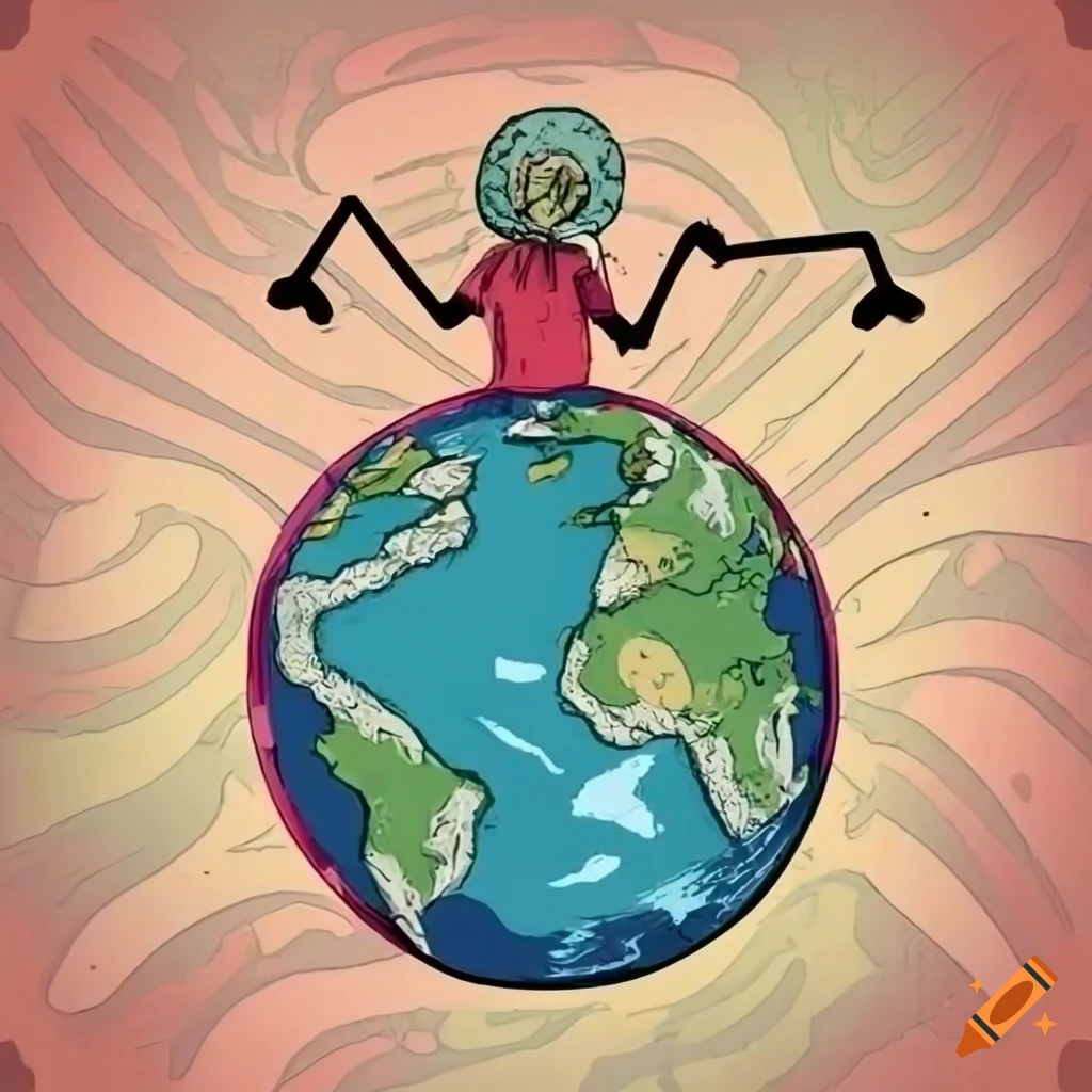 Personified planet earth with a confused face and 70s style background ...