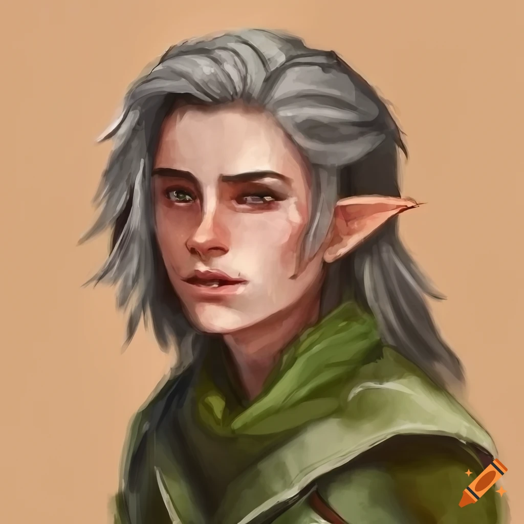 Aquarel painting of a young male elf in green and bronze robes on Craiyon