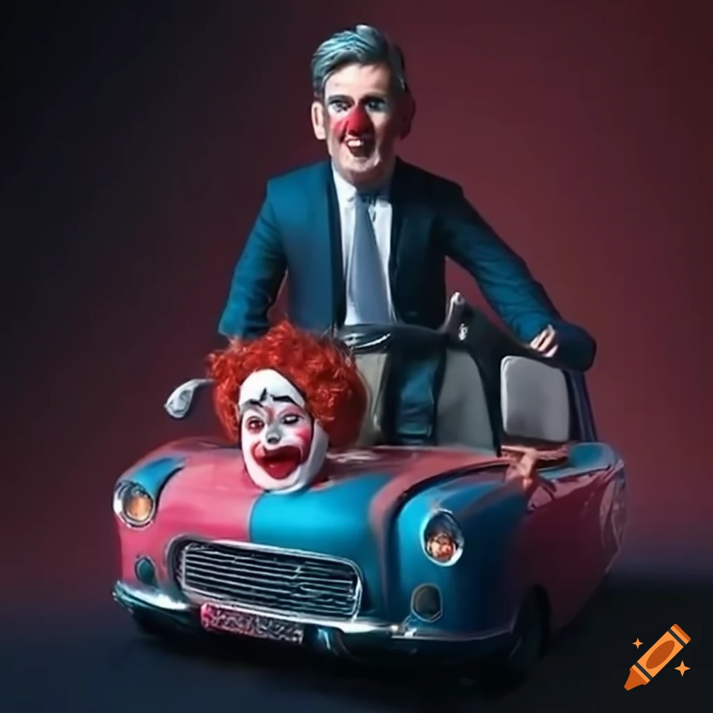 Sir Keir Starmer and Rishi Sunak riding a clown car in a satire on Craiyon