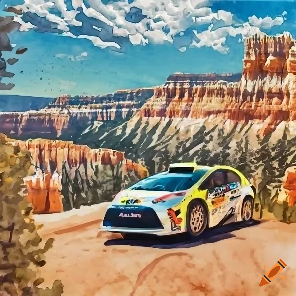 Toyota prius rally car driving in bryce canyon at golden hour on Craiyon