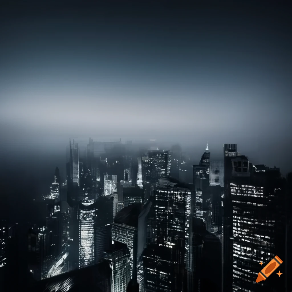 Dark cityscape with foggy skyscrapers and empty streets viewed from ...