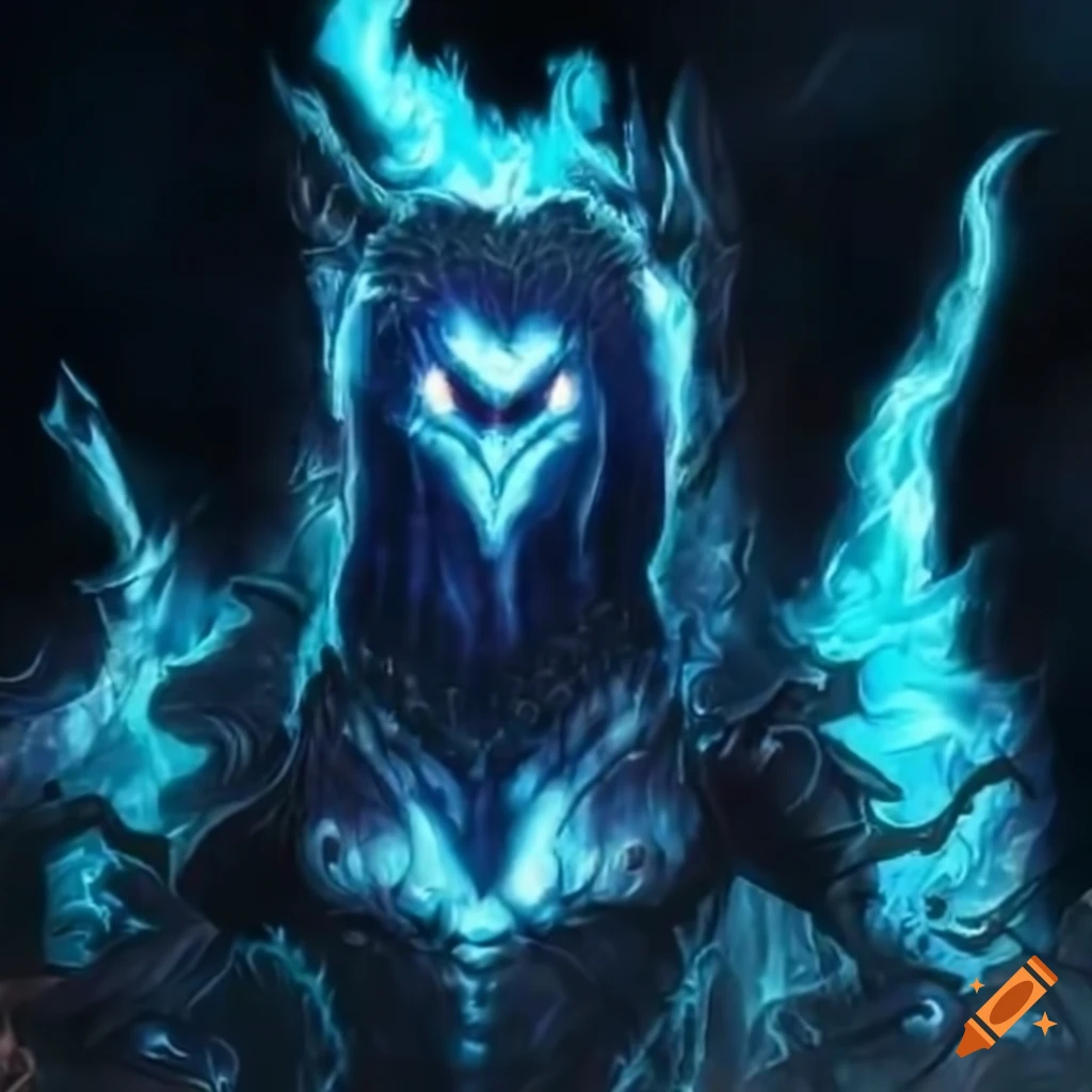 Blue ghost knight transformed into half demon with blue hell hounds on Craiyon