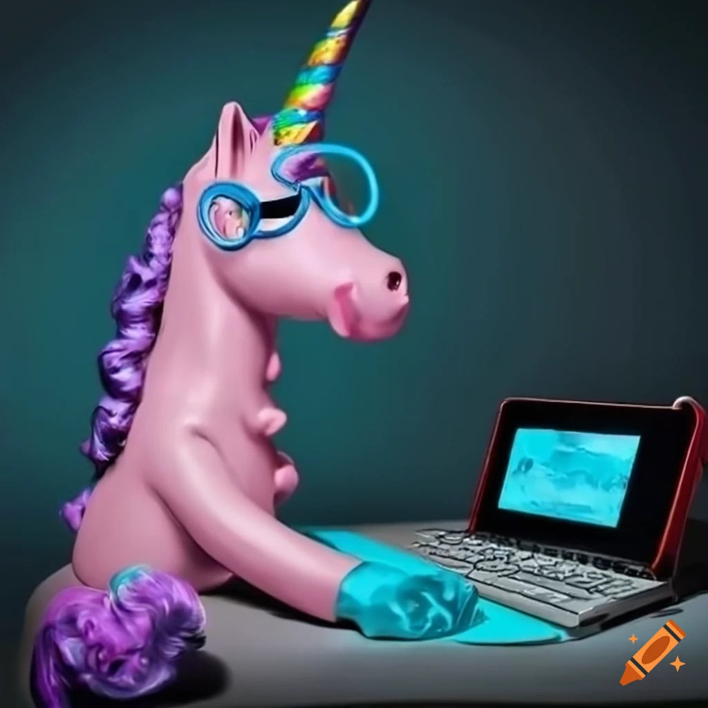 Colorful unicorn with curly hair wearing glasses typing on a keyboard ...