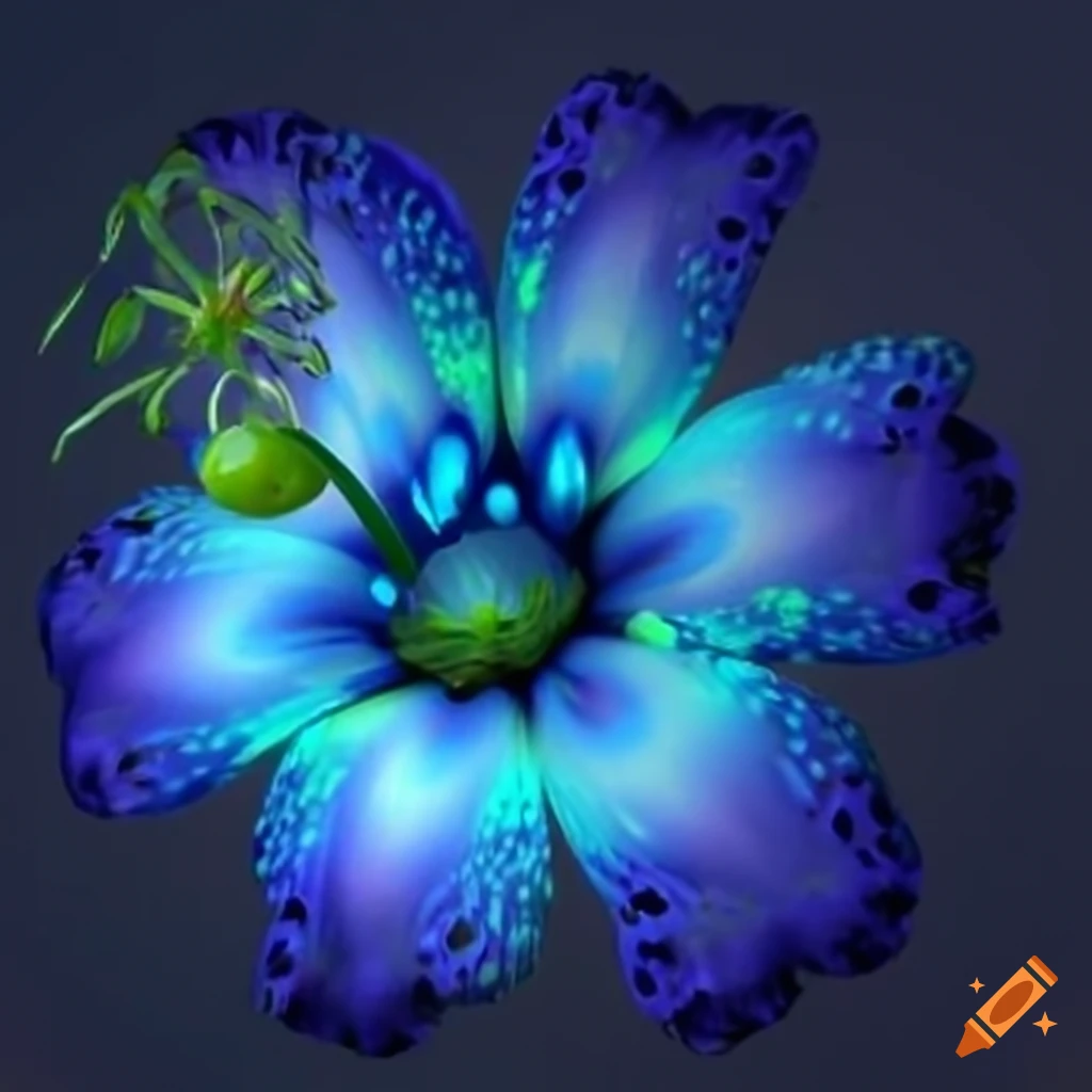 Hybrid aquamarine/navy blue biolemunisencse flower with starlette and ...