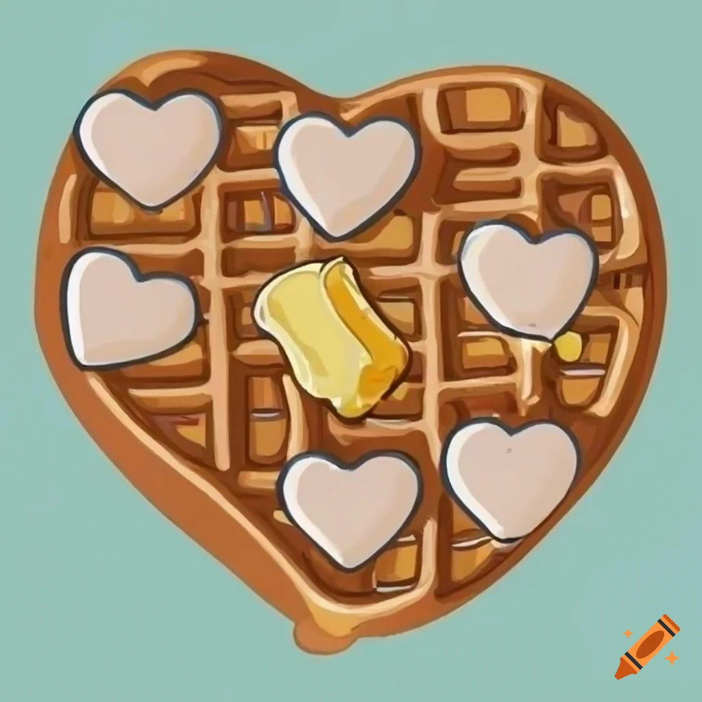 Heart-shaped waffle with dripping syrup and butter in cartoon style on ...