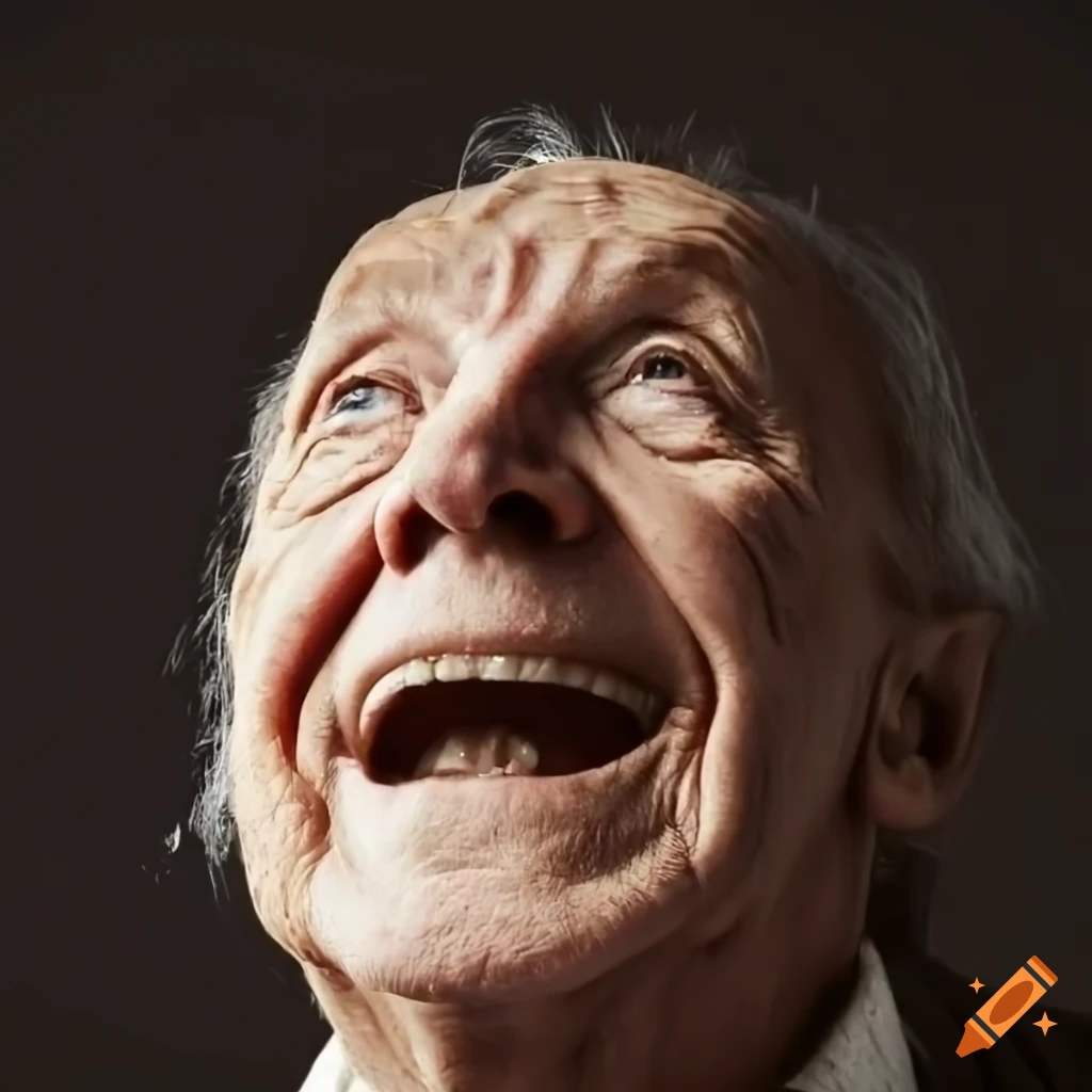 Eccentric old man with a smile looking up from below on Craiyon