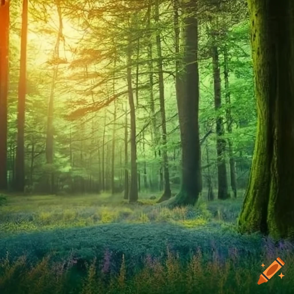 Bright forest with diverse trees and a field of herbs on Craiyon