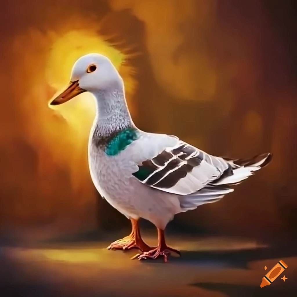 Fantasy hybrid duck and carrier pigeon with a message on its leg on Craiyon