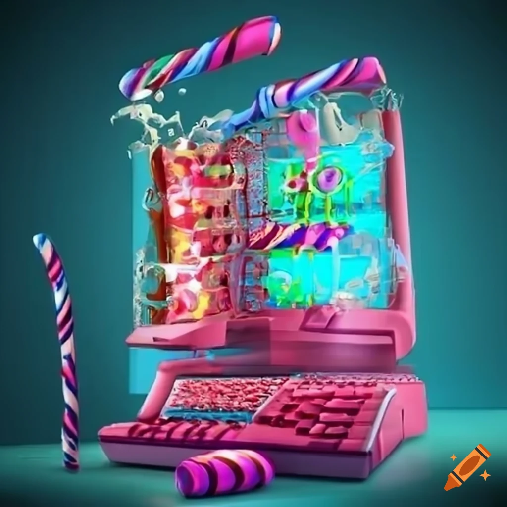 A computer being destroyed by candy on Craiyon