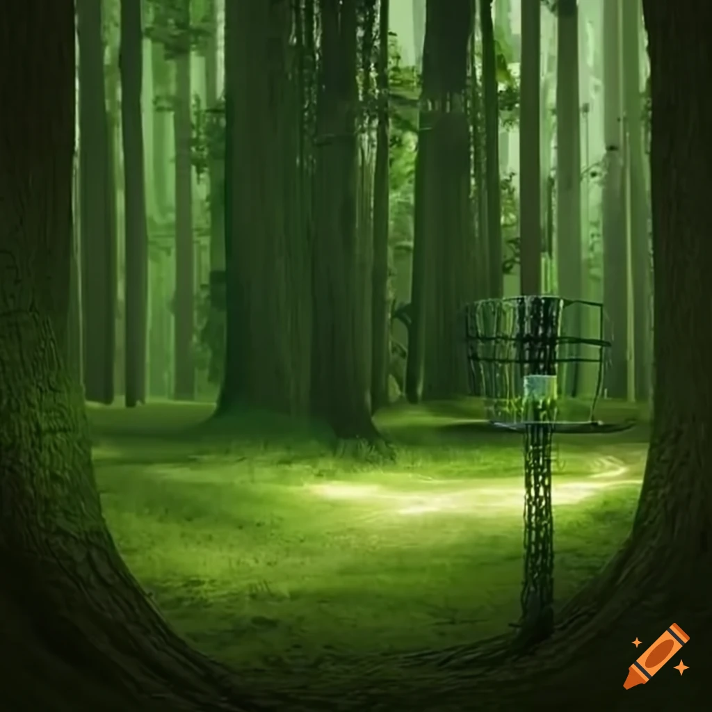 Dense forest with disc golf basket on Craiyon