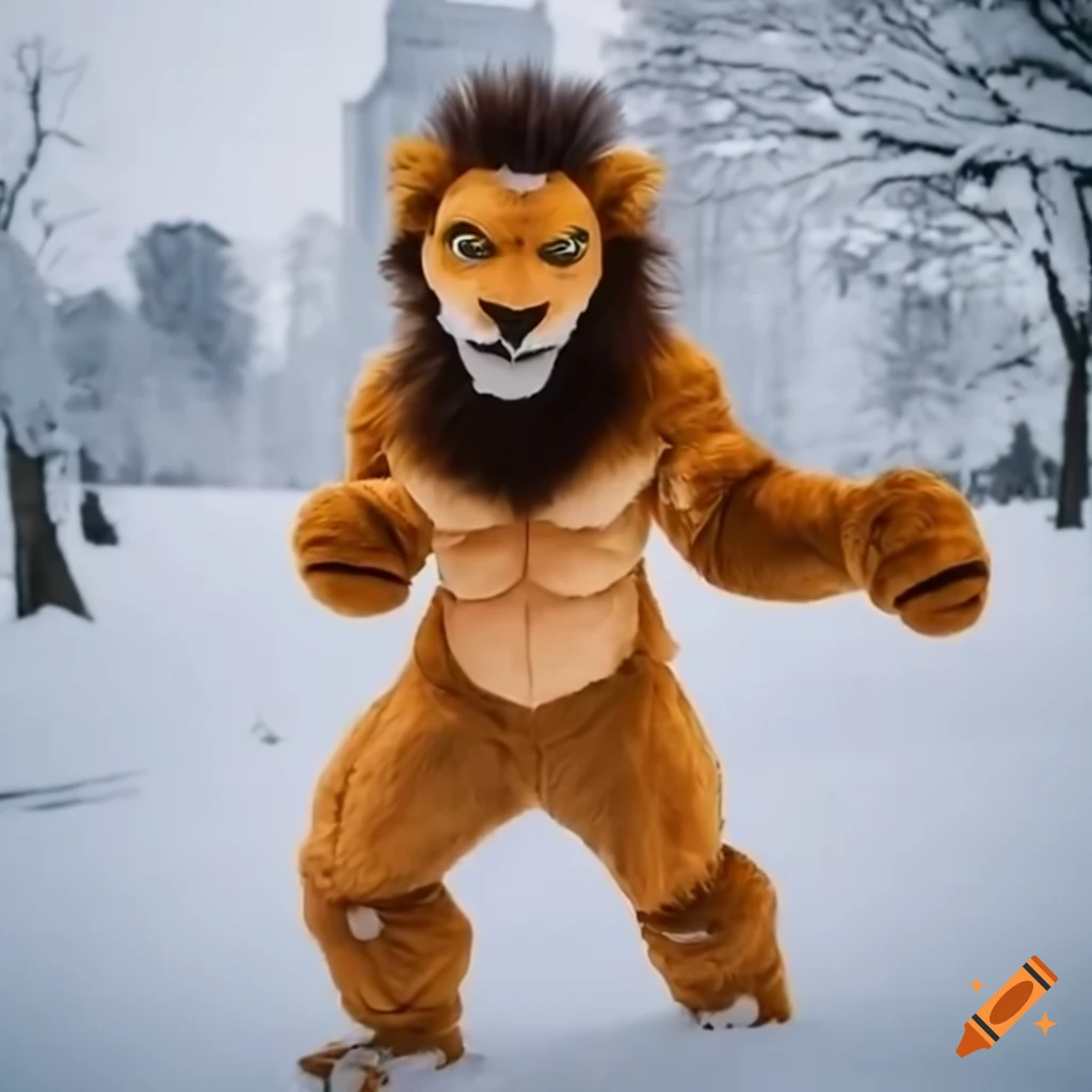Dad wearing a lion fursuit costume in the snow on Craiyon