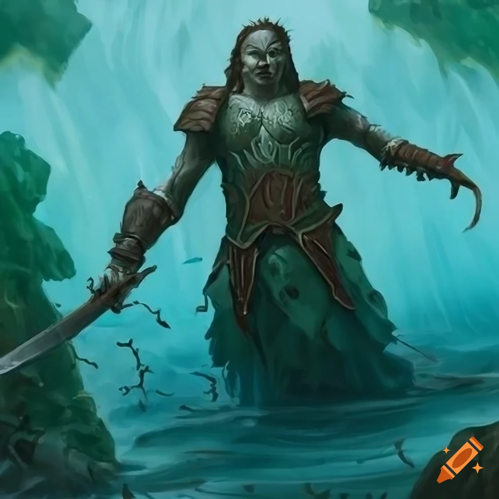 Highly detailed epic landscape of an aquatic swordsman in magic the ...