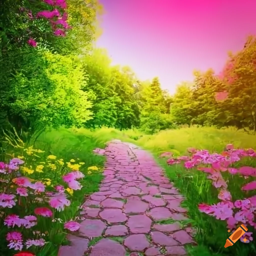 Stone path through a pink flower meadow in a botanical garden on Craiyon