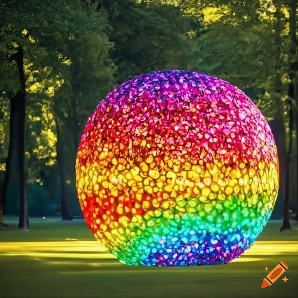 Colorful light installation with rainbow colored balls in a park on Craiyon