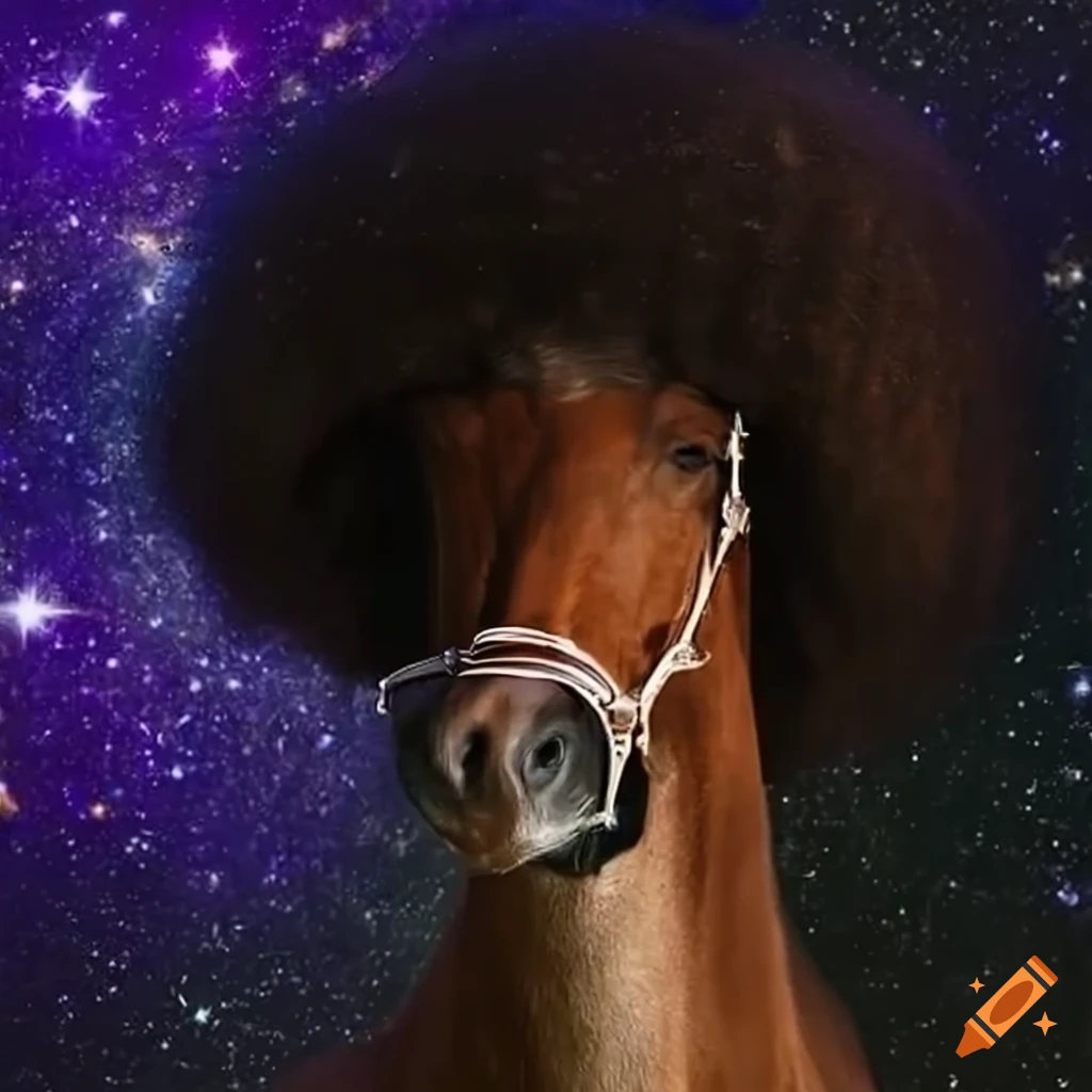 Afro horse enjoying a mango in a sparkling galaxy with fashionable ...