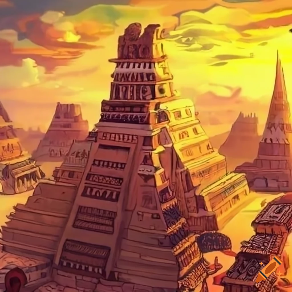 Anime-style depiction of 16th-century aztec city tenochtitlan on Craiyon