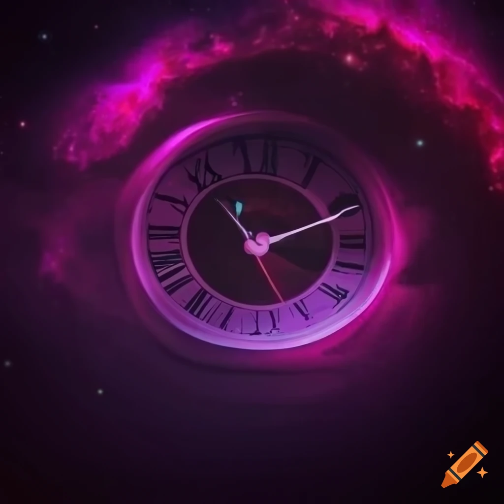 Pink illustration of a classic clock with galaxies on Craiyon