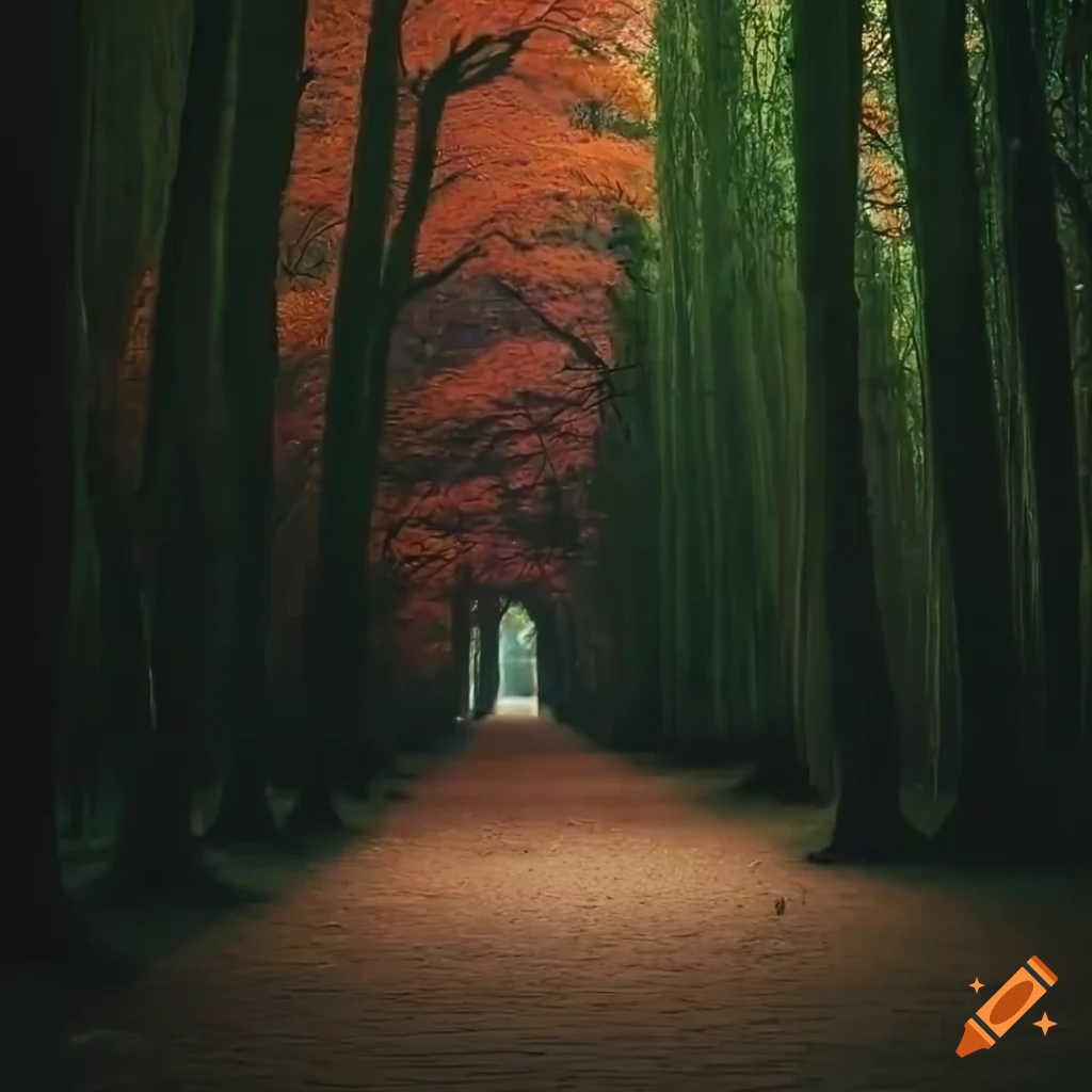 Dark pathway surrounded by vibrant trees in high definition 4k quality ...