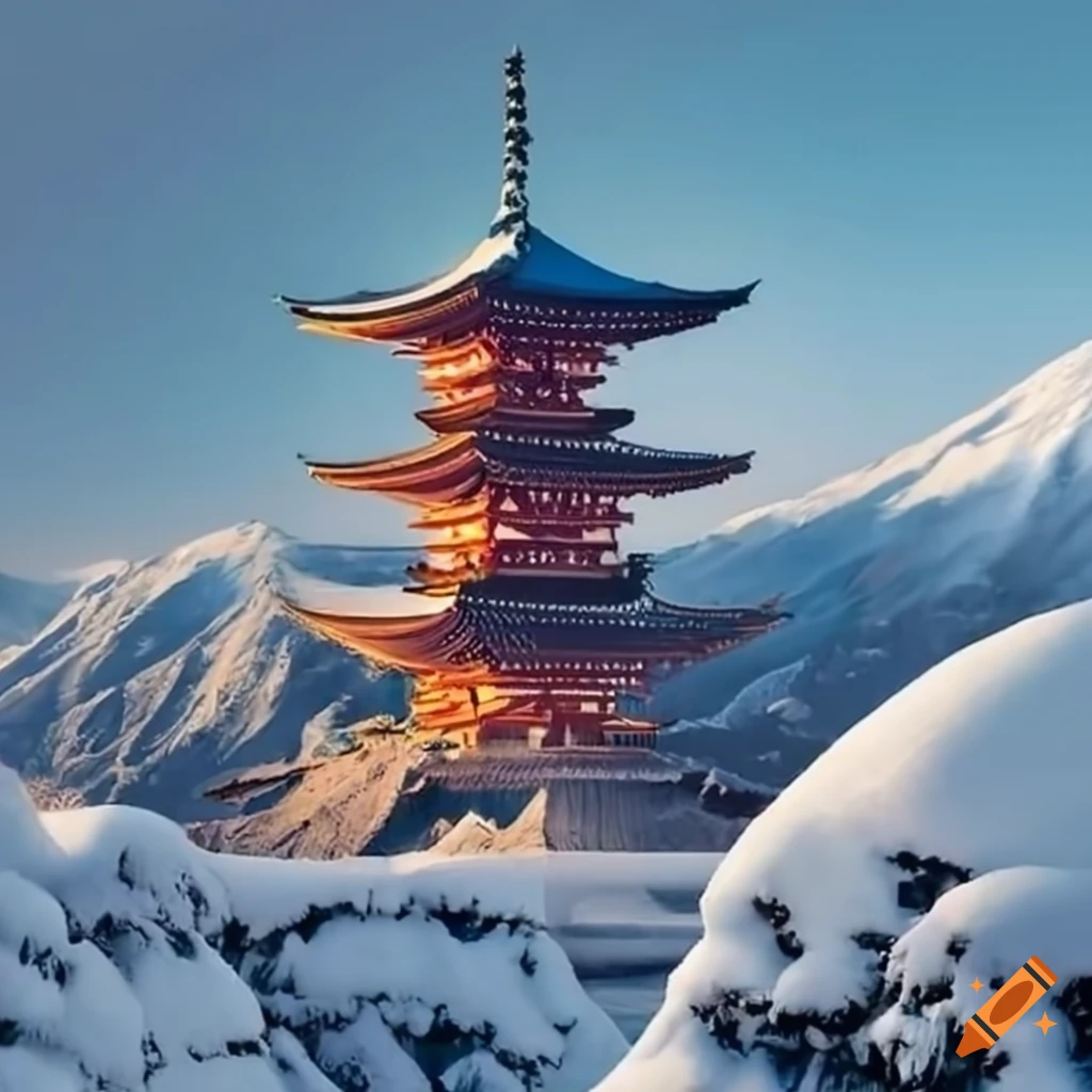 Japanese temple on top of a snowy mountain on Craiyon